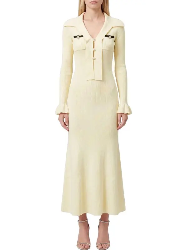 SELF-PORTRAIT Slim Fit Knit Midi Dress With Jewelled Buttons And Shawl Collar - Yellow