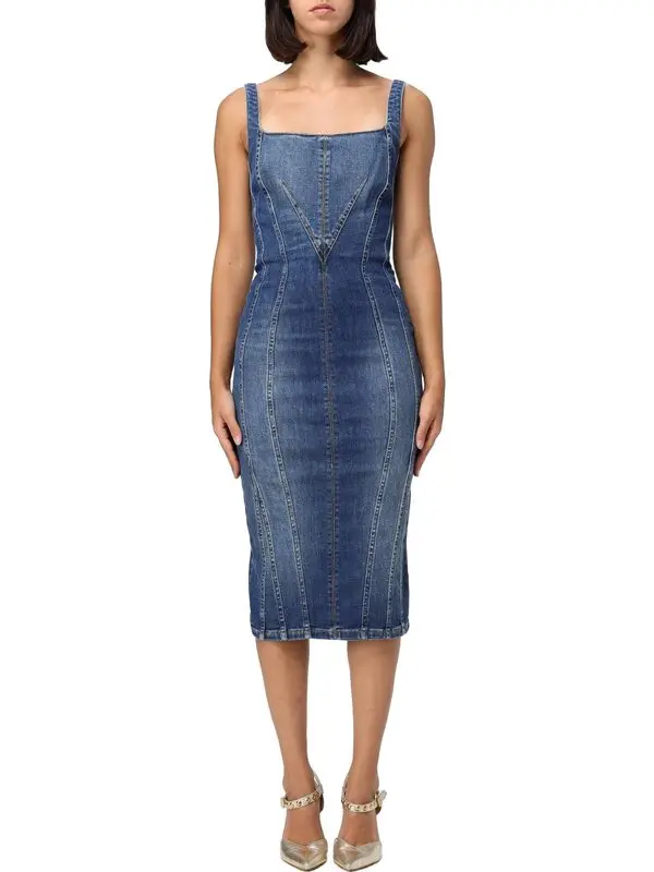 Elisabetta Franchi Midi Sheath Dress In Cotton Denim With Square Neckline - Navy