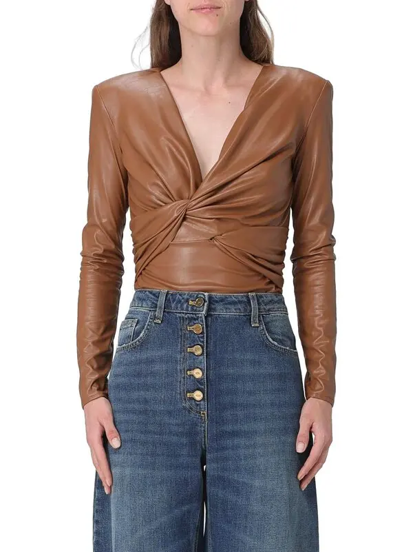 Elisabetta Franchi Long-sleeved Faux Leather Draped Top - Brown