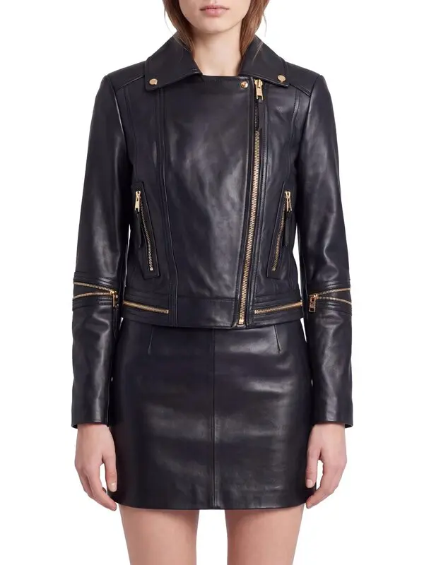 Elisabetta Franchi Slim-fit Leather Biker Jacket With Asymmetrical Zip - Black
