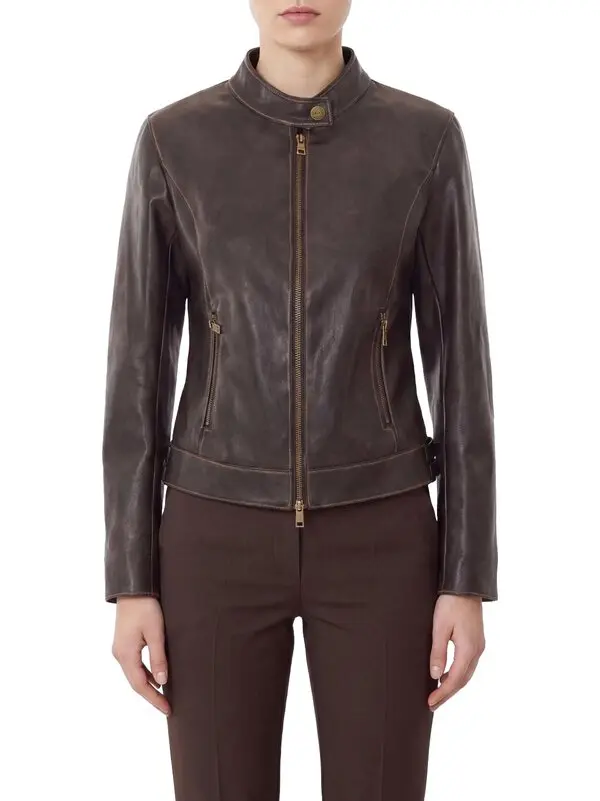 Liu Jo Faux Leather Biker Jacket With High Collar - Brown