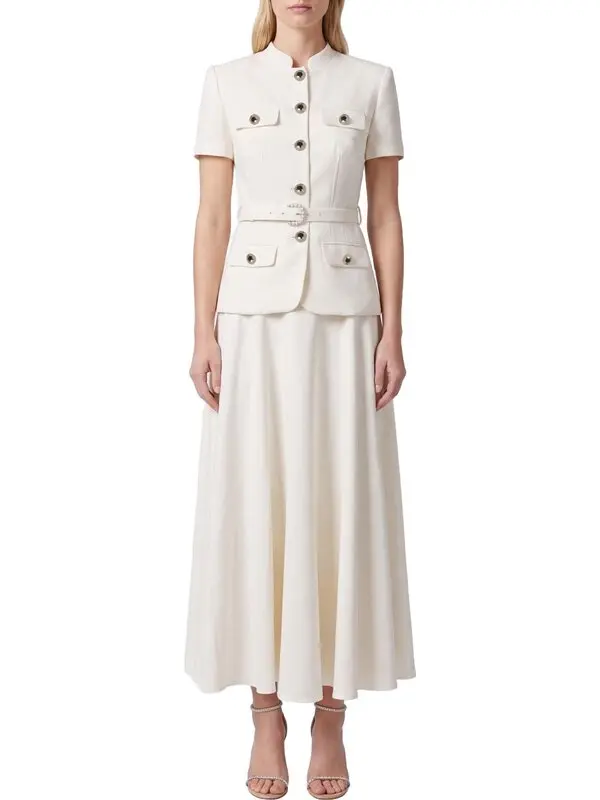 SELF-PORTRAIT Midi Chemisier Dress In Crêpe With Mandarin Collar And Bow - Yellow