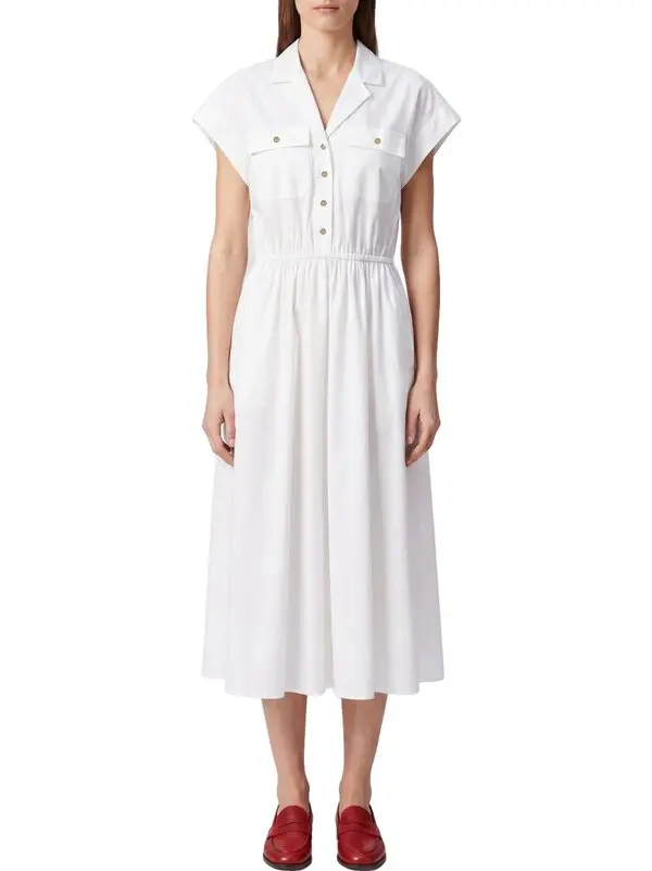 Tory Burch Midi Chemisier Dress In Cotton With Revere Collar And A-line Silhouette - White
