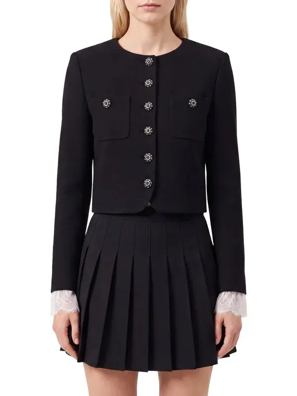 SELF-PORTRAIT Cropped Crew-neck Wool Blazer With Jewelled Buttons - Black