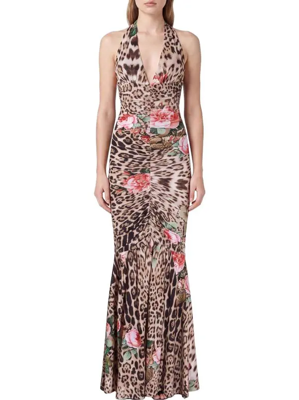 Roberto Cavalli Animal Print Jersey Long Sheath Dress With Halter Neck - Natural
