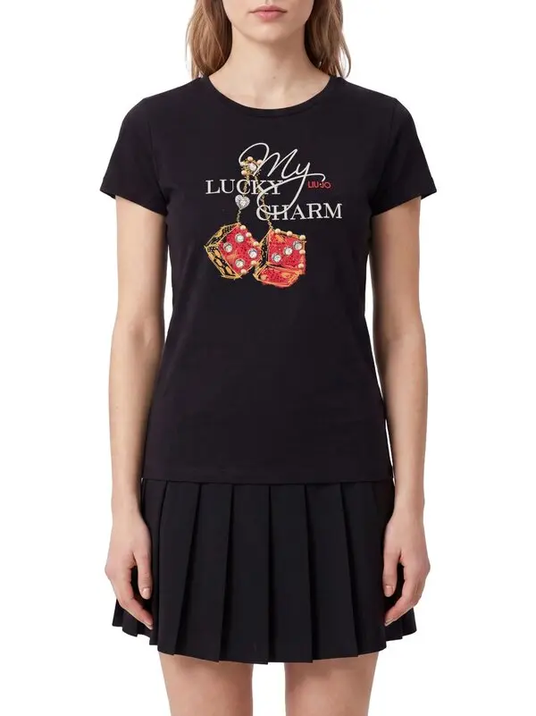 Liu Jo Slim Fit Cotton T-shirt With Graphic Print And Contrast Logo - Black