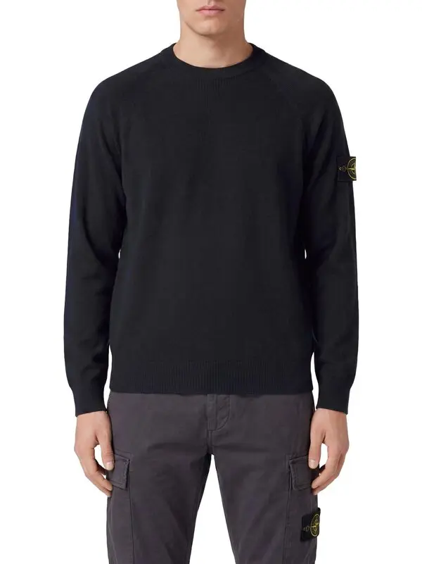 Stone Island Virgin Wool Blend Crew-neck Jumper With Compass Logo - Black