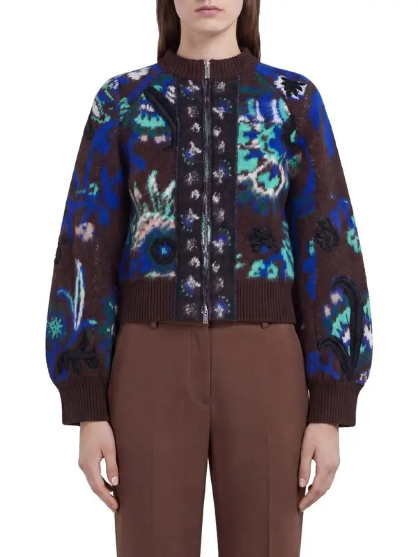 Sacai Wool Bomber Jacket With Floral Embroidery And Balloon Sleeves - Brown