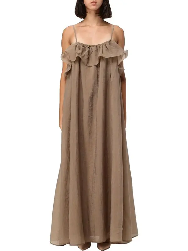 ELEH Long Embroidered Tencel Tunic With Ruffles And Square Neck - Mud