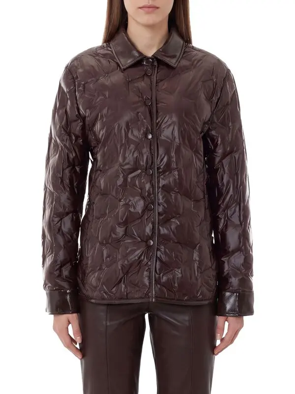Pinko Quilted Nylon Shirt-style Down Jacket With Dropped Shoulders - Brown