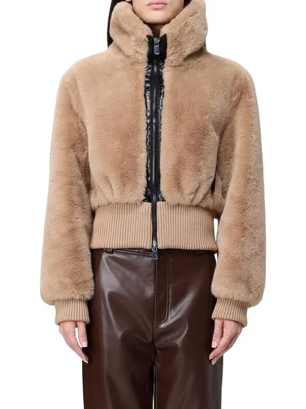 Pinko Faux Fur Zip-up Jacket With High Neck And Elasticated Cuffs - Beige