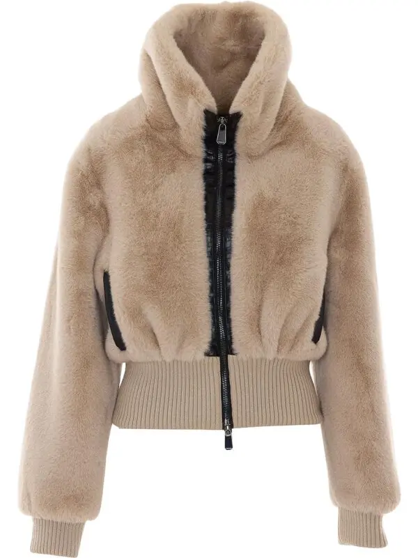 Pinko Faux Fur Zip-up Jacket With High Neck And Elasticated Cuffs - Ecru