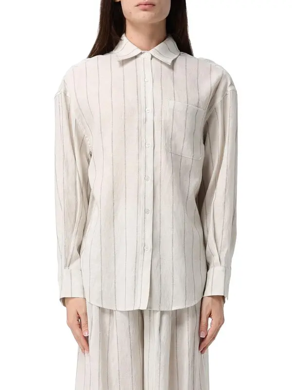 ELEH Relaxed Fit Striped Linen Blend Shirt With French Collar - Beige