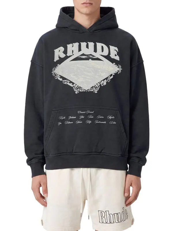 Rhude Relaxed Fit Graphic Logo Print Cotton Hoodie - Black