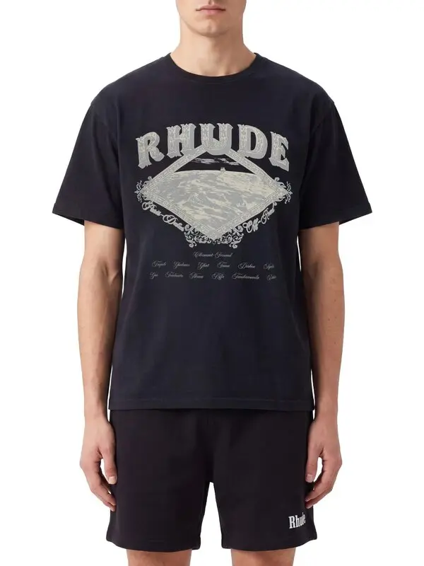 Rhude Regular Fit Crewneck Cotton Logo Print T-shirt With Dropped Shoulders - Black