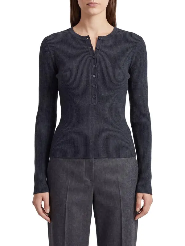 LISA YANG Ribbed Henley Sweater - Navy