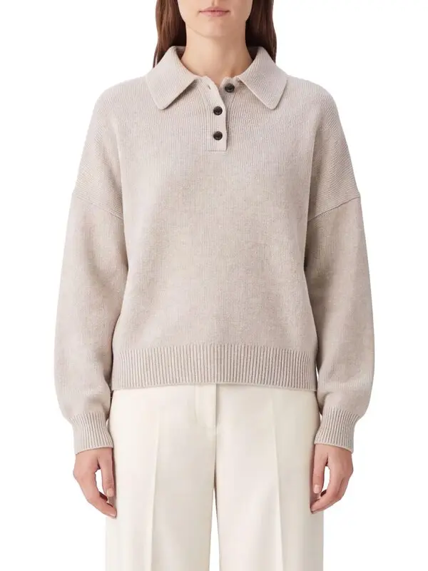 LISA YANG Pure Cashmere Relaxed Fit Long Sleeve Knitted Polo - Beige