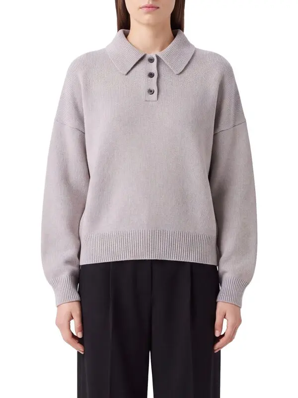 LISA YANG Pure Cashmere Relaxed Fit Long Sleeve Knitted Polo - Gnawed Blue