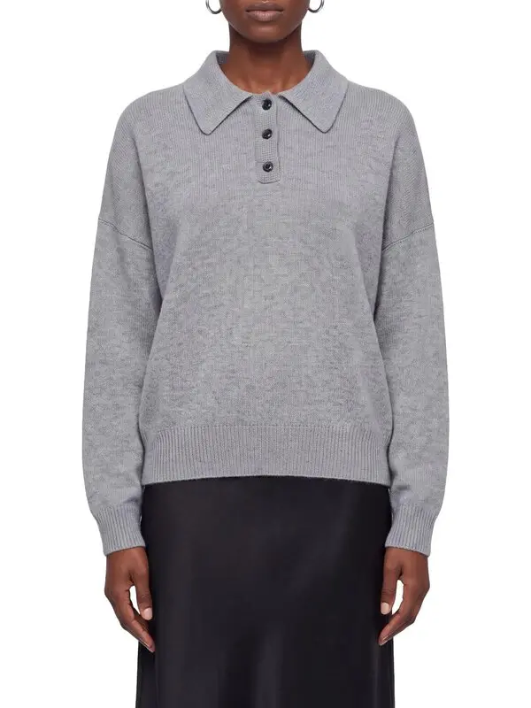 LISA YANG Pure Cashmere Relaxed Fit Long Sleeve Knitted Polo - Grey