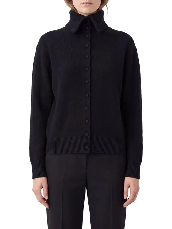 LISA YANG Relaxed Fit Pure Cashmere High Neck Cardigan - Black