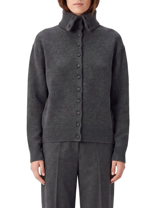 LISA YANG Relaxed Fit Pure Cashmere High Neck Cardigan - Grey