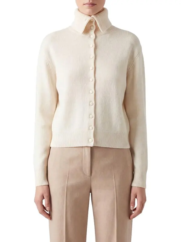 LISA YANG Relaxed Fit Pure Cashmere High Neck Cardigan - White