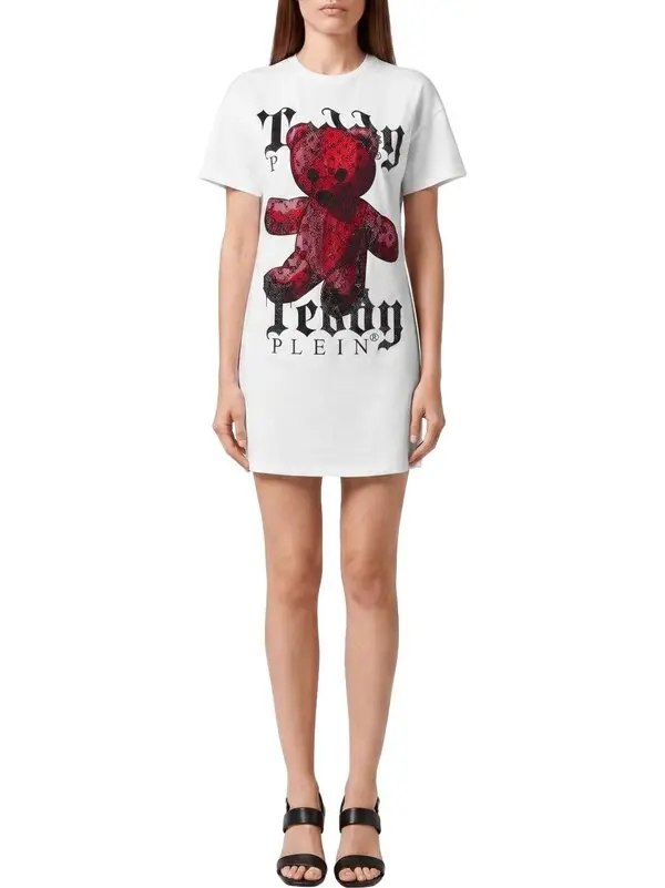 Philipp Plein Slim Fit Teddy Bear Print T-shirt Mini Dress With Rhinestones - White