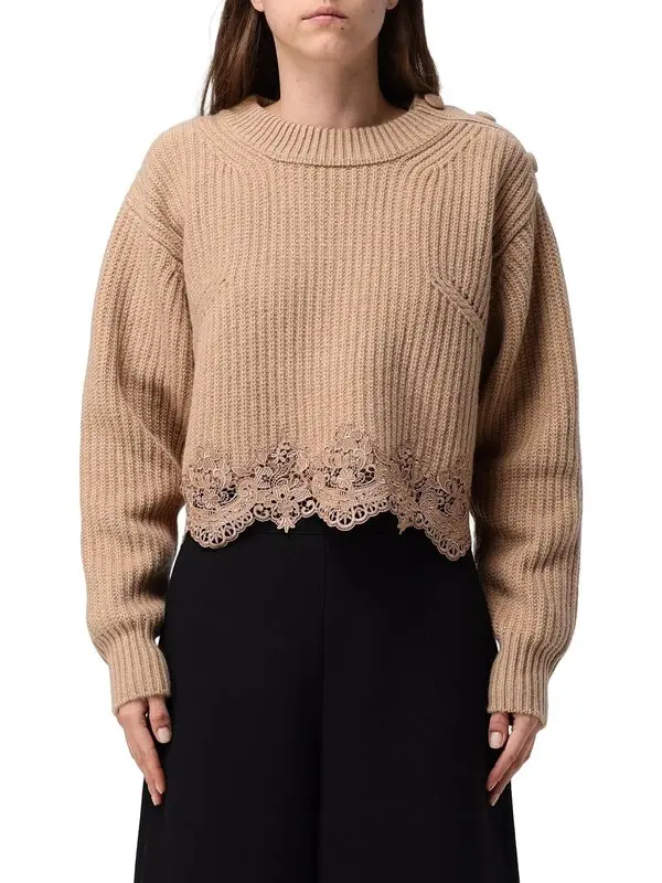 Chloé Ribbed Knit Sweater With Lace Trim - Camel