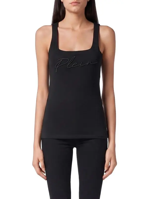 Philipp Plein Slim Fit Square Neck Jersey Tank Top With Embroidered Logo - Black