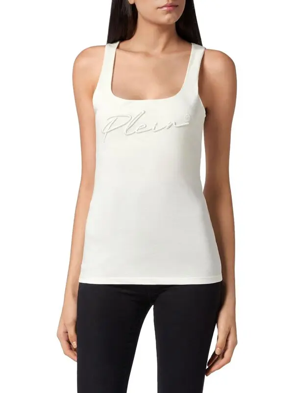 Philipp Plein Slim Fit Square Neck Jersey Tank Top With Embroidered Logo - Ivory