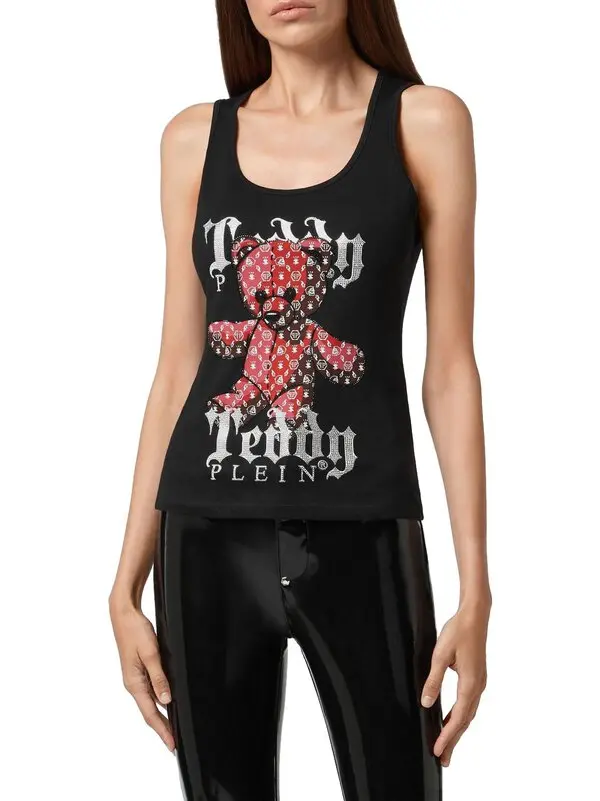 Philipp Plein Teddy Bear Print Square Neck Tank Top - Black