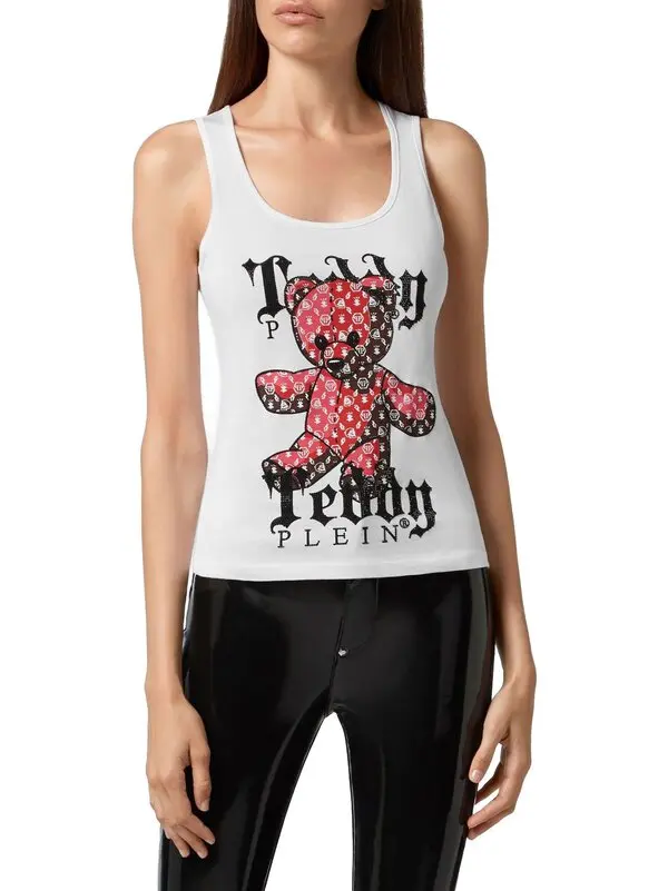 Philipp Plein Teddy Bear Print Square Neck Tank Top - White