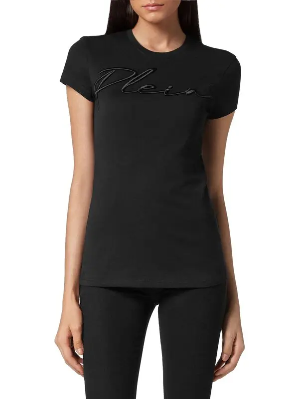 Philipp Plein Slim Fit Jersey Crewneck T-shirt With Tone-on-tone Embroidered Logo - Black