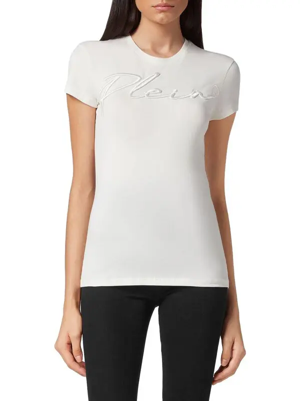 Philipp Plein Slim Fit Jersey Crewneck T-shirt With Tone-on-tone Embroidered Logo - Ivory