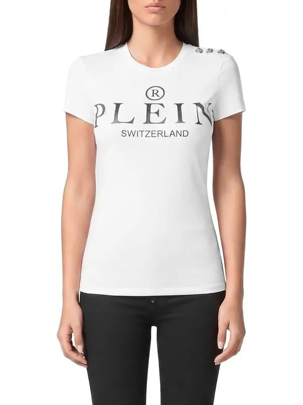 Philipp Plein Slim Fit Jersey Crewneck T-shirt With Contrast Logo And Epaulettes - White