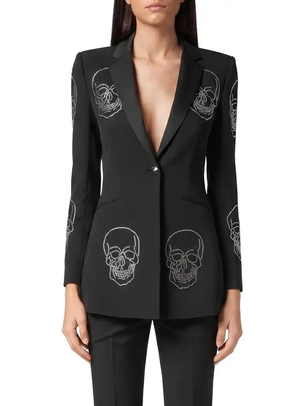 Philipp Plein Slim Fit Single-breasted Cropped Crêpe Blazer With Skull Print And Rhinestones - Black