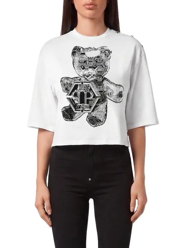 Philipp Plein Jersey T-shirt With Teddy Bear Print And Rhinestone Hexagon Logo - White