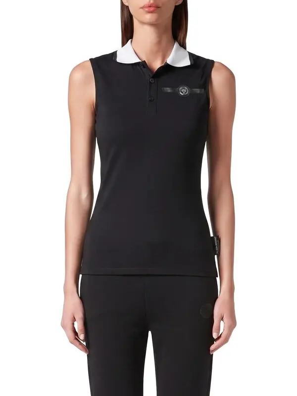 PLEIN SPORT Sleeveless Slim Fit Jersey Polo Shirt With Contrast Logo - Black