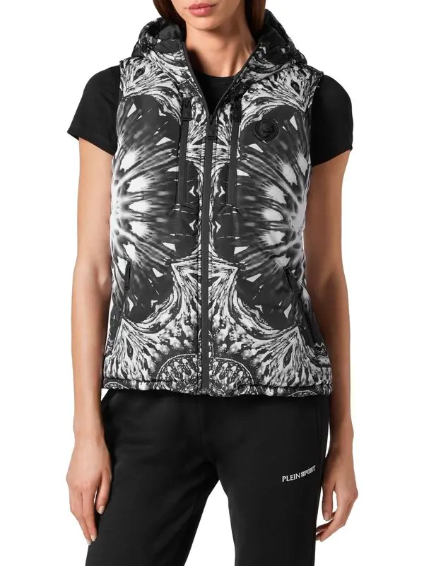 PLEIN SPORT Padded Nylon Gilet With Hood And Graphic Print - Black