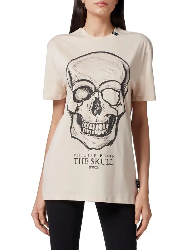 Philipp Plein Skull Jersey T-shirt With Contrast Logo Print - Beige