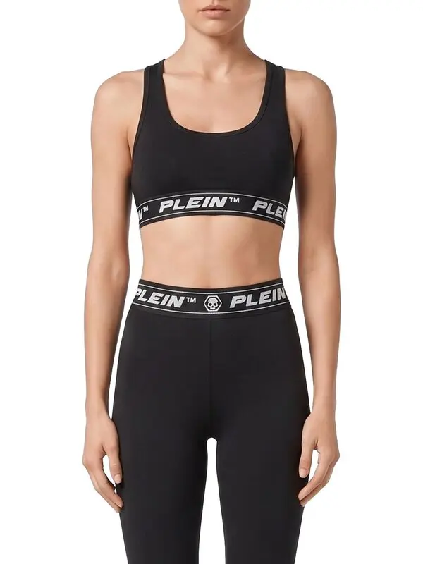 Philipp Plein Cropped Jersey Top With Square Neckline And Jacquard Logo - Black