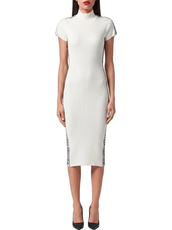 Philipp Plein Ribbed-knit Sheath Midi Dress With Rhinestone Embroidery - Ivory