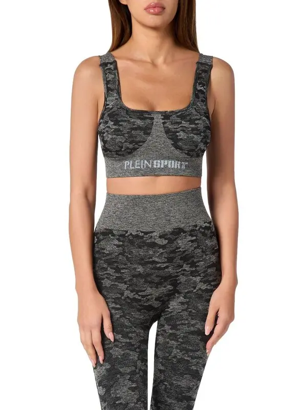 PLEIN SPORT Camouflage Print Cropped Jersey Sports Top With Thin Straps - Black