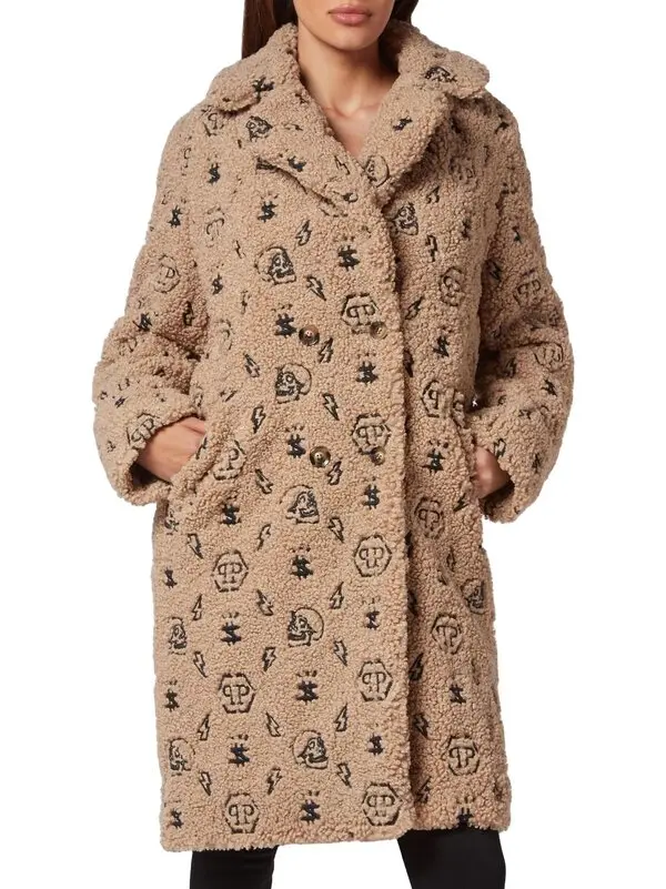 Philipp Plein Double-breasted Faux Fur Coat With Hexagon Logo - Beige