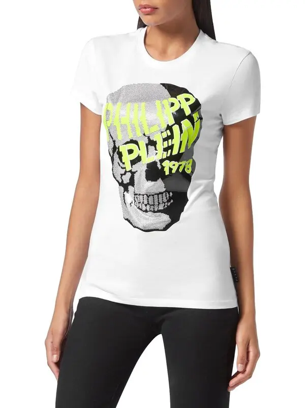 Philipp Plein Slim Fit Jersey T-shirt With Rhinestone Skull Print - White