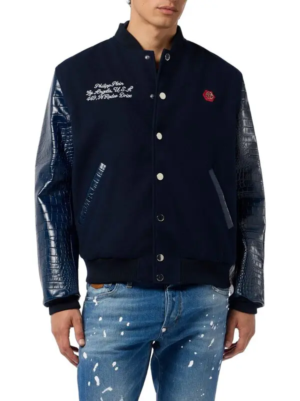 Philipp Plein Wool Cloth Varsity Bomber Jacket With Calfskin Leather Sleeves - Blue