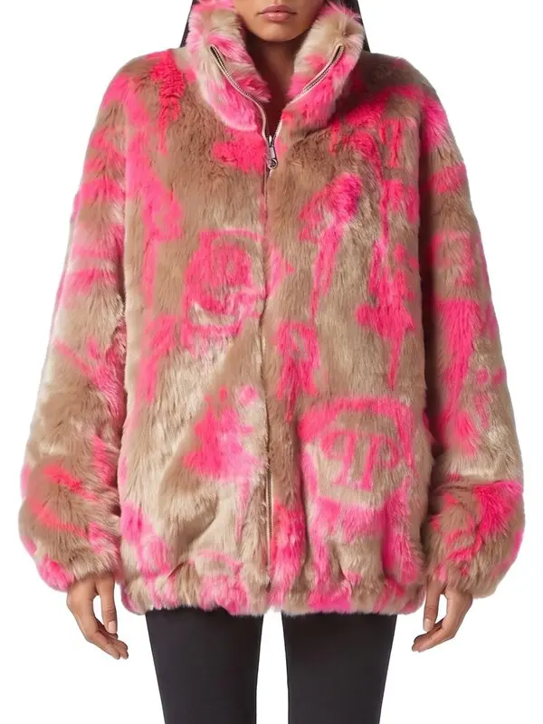 Philipp Plein Graphic Print Faux Fur Cropped Jacket - Beige