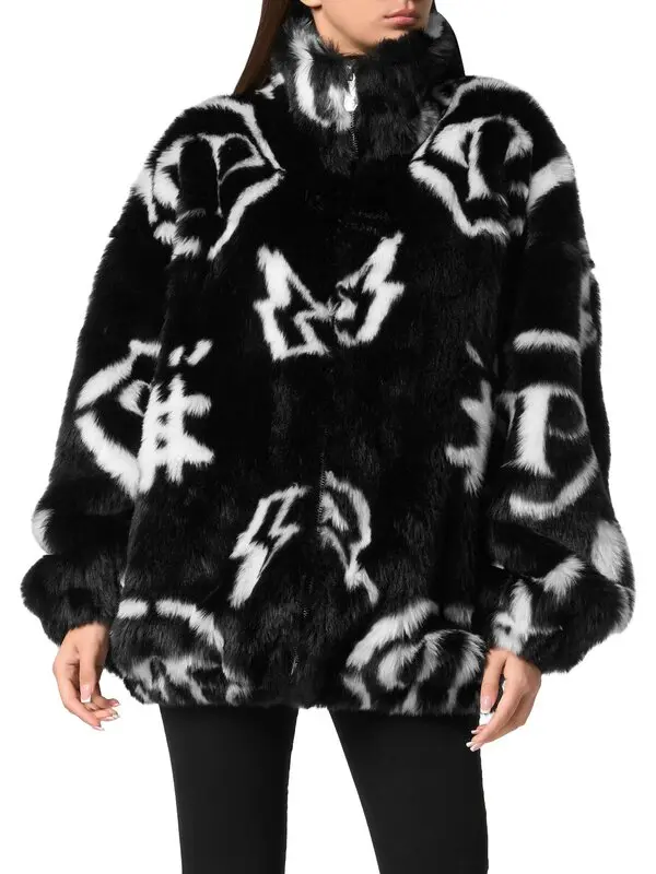 Philipp Plein Graphic Print Faux Fur Cropped Jacket - Black