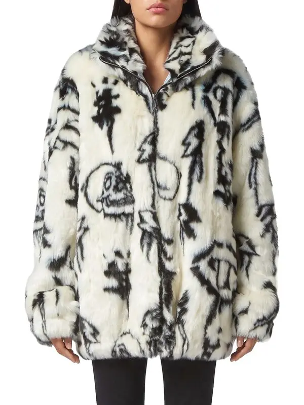 Philipp Plein Graphic Print Faux Fur Cropped Jacket - Ivory
