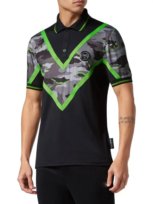 PLEIN SPORT Camouflage And Chevron Print Jersey Polo Shirt - Black